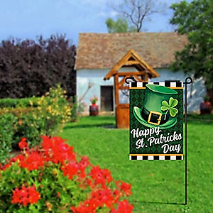 Happy St Patricks Day Garden Flag 12x18 Inch Burlap Double Sided Green Lucky Shamrock/Hat Sign Seasonal Small Flag Outdoor Decorations DF188