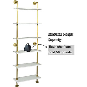 HEONITURE Industrial Gold Bookshelf-6 Tier Wall Mounted Ladder Bookshelf, Rustic Gold Storage Book Shelves Display Bookcases for Living Room/Home/Office
