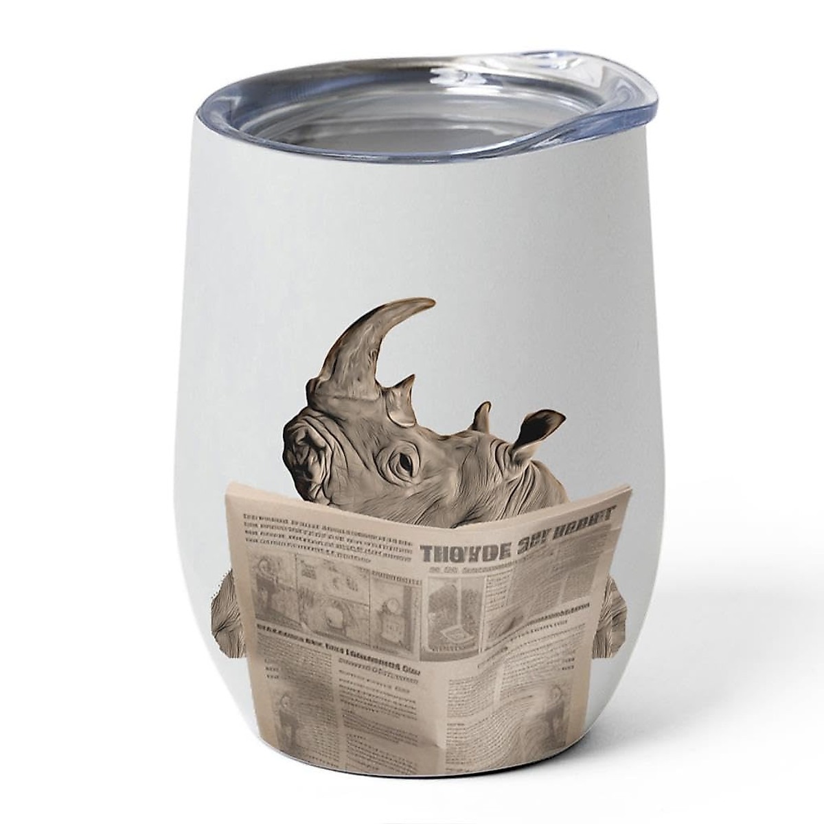 Rhino Rhinoceros Reading Newspaper Tumbler 12oz Stainless Steel Vacuum Insulated Wine Cup With Lid - Gifts for Rhinoceros Lovers