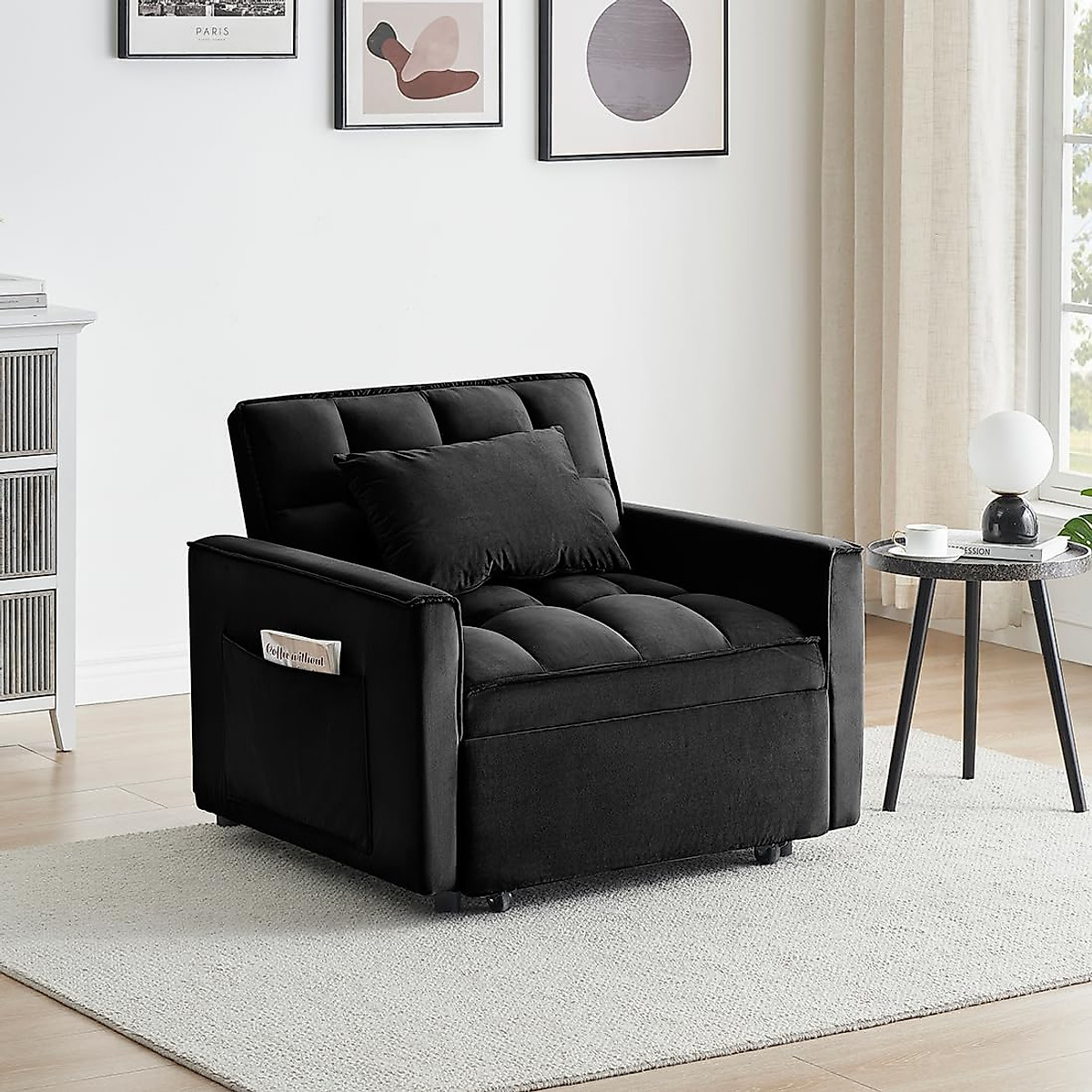 Anwickmak 3 in 1 Convertible Sleeper Chair, Modern Pull Out Couch Bed Single Recliner with Adjustable Back, Velvet Futon Folding Sofa Bed Chair for Living Room Bedroom Small Spaces (Black)