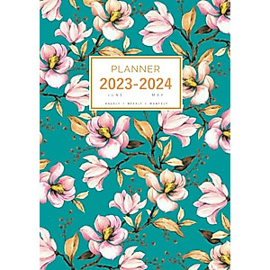 Planner June 2023-2024 May: A4 Large Notebook Organizer with Hourly Time Slots | Watercolor Magnolia Flower Design Teal