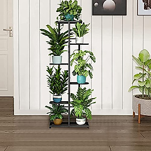 LINZINAR Plant Stand Metal 6 Tier 7 Potted Multiple Flower Pot Holder Shelf Indoor Outdoor Planter Display Shelving Unit for Patio Garden Corner Balcony Living Room Dark Grey