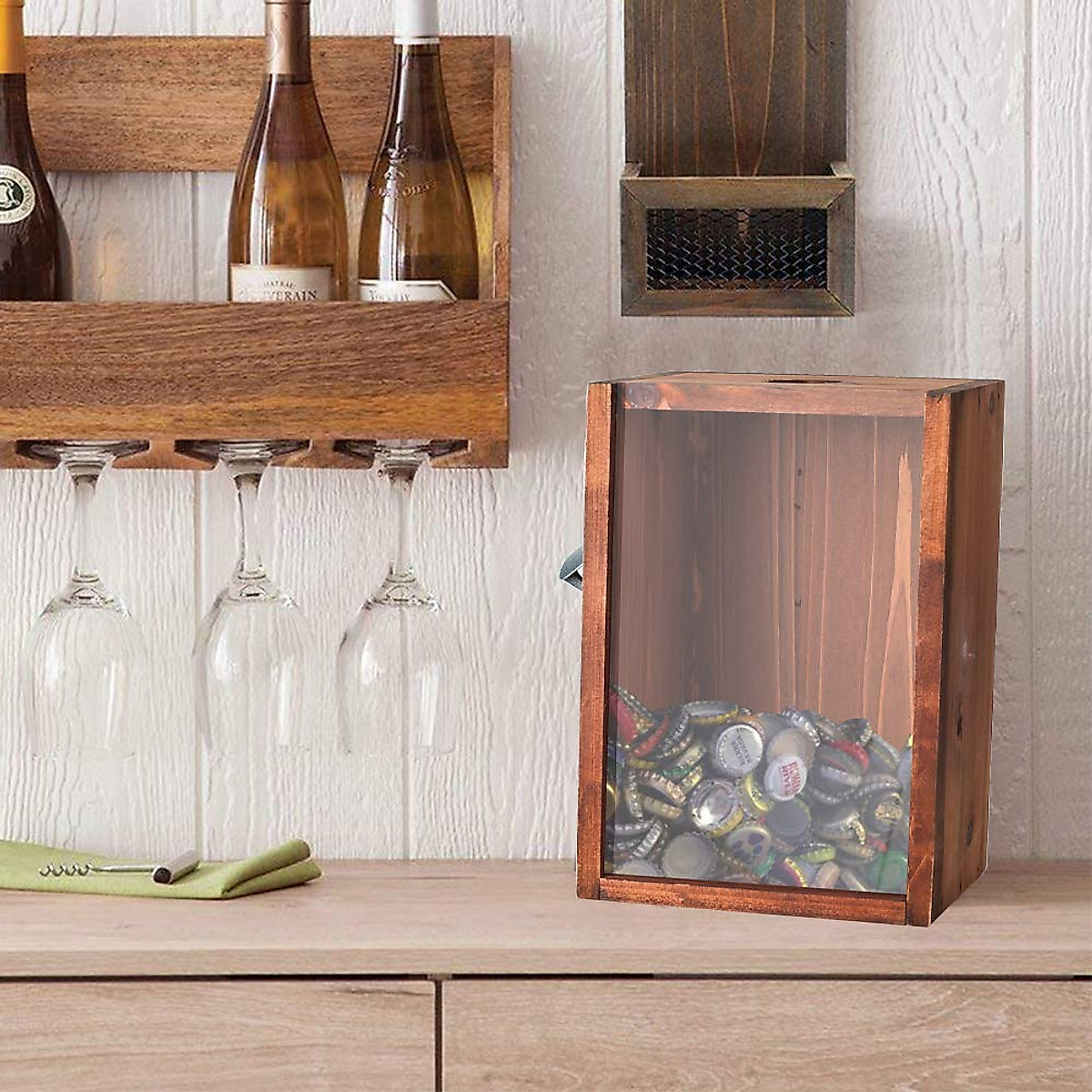 Mealivos Bottle Opener And Cap Saver – Classic Rustic Wood Standing With Beer And Soda Cap Collector,Ideal Gift for Men and Beer Lovers