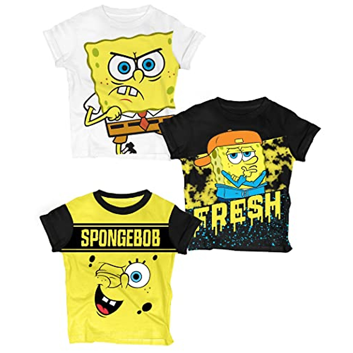 Nickelodeon Spongebob Square Pants Shirts for Boys (3-Pack) KidsGraphic Tshirt for Toddler & Up - 10 Wh/Bk/YEL SS