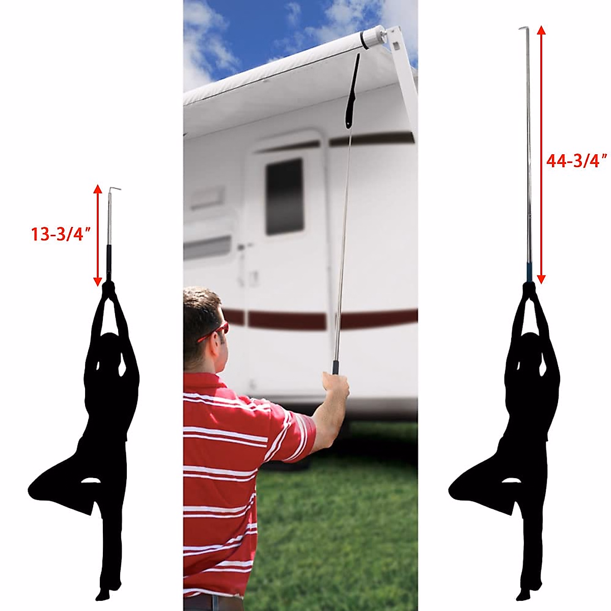scottchen PRO RV Awning Rod Opener Easy Reach Telescopic Puller 13-3/4" to 44-3/4" Stainless Steel Silver & Black - 1pack Upgrade