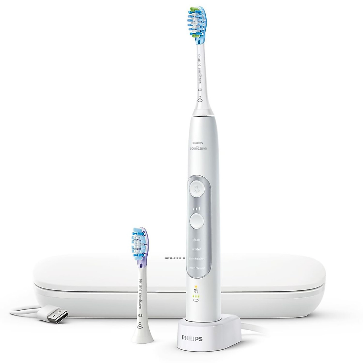 PHILIPS Sonicare ExpertClean 7500 Rechargeable Electric Toothbrush, White + Extra Brush Head, Charging Travel Case - 4 Modes and 3 Intensities Brushing, Up to 2 Weeks Operating time - HX9690/06