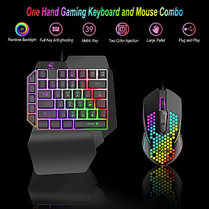 One Handed Gaming Keyboard and Mouse Combo,Rainbow Backlit 39 Keys Mechanical Feel Portable Mini Gaming Keypad+RGB Gaming Mouse+G6L LED Backlit Converter for Xbox One/Xbox 360/PS5/PS4/PS3/PC