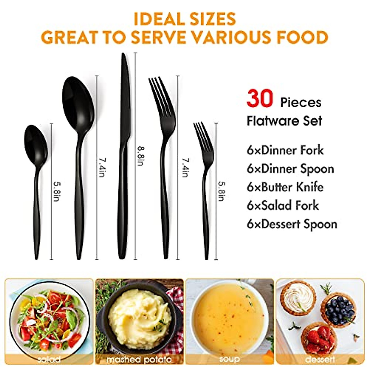 Black Silverware Set, 30 Pieces Stainless Steel Flatware for 6, Family Essential Utensil Tableware, Mirror Polished Cutlery for Home Kitchen, Hotel, Restaurant