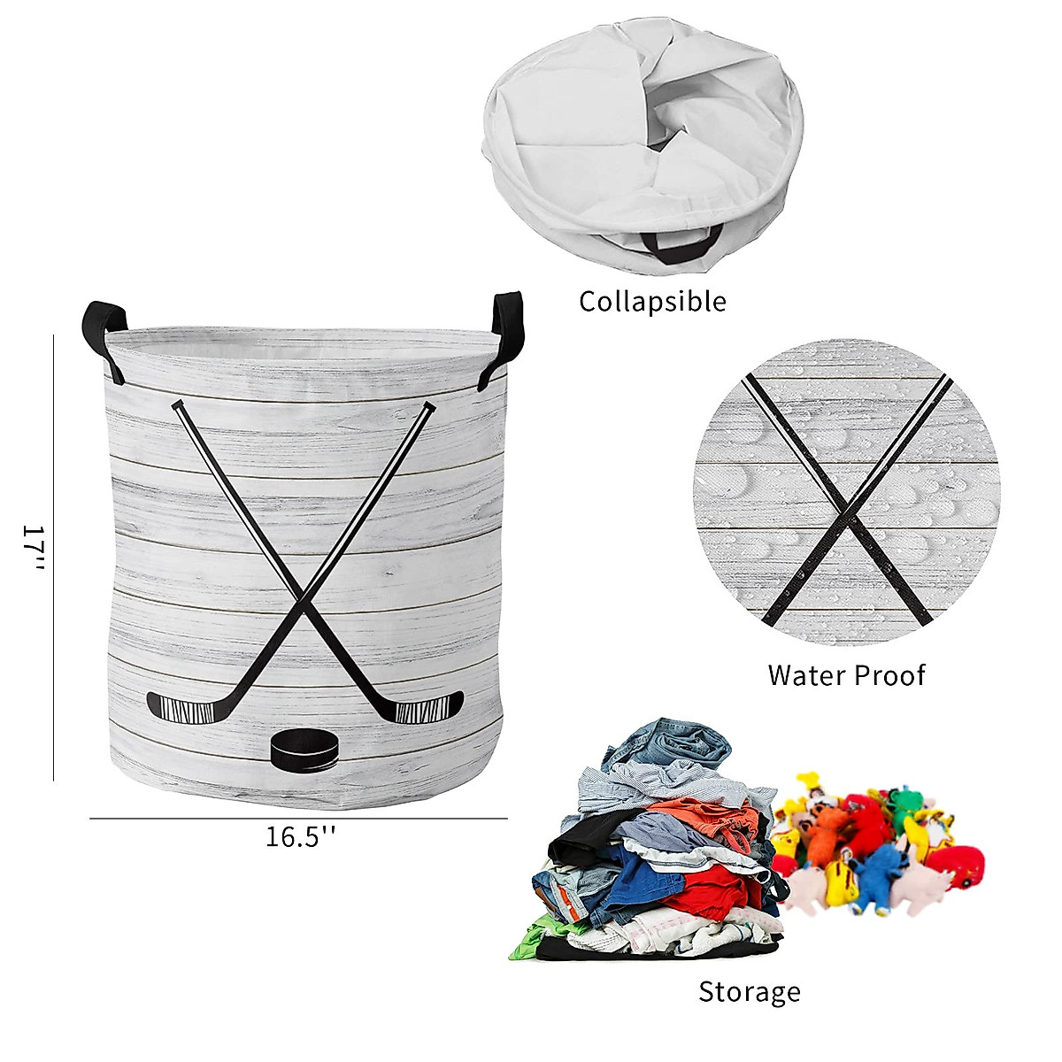 Laundry Baskets with Handles, Sports Ice Hockey Waterproof Freestanding Laundry Hamper, Round Collapsible Hampers for Bedroom, Laundry, Clothes, Toys, Rustic Wood, 16.5x17inch