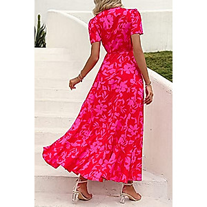 PRETTYGARDEN Women's Summer Wrap Maxi Dress Casual Boho Floral V Neck Short Sleeve Ruffle Hem Split Beach Long Dresses (Red Floral,X-Large)