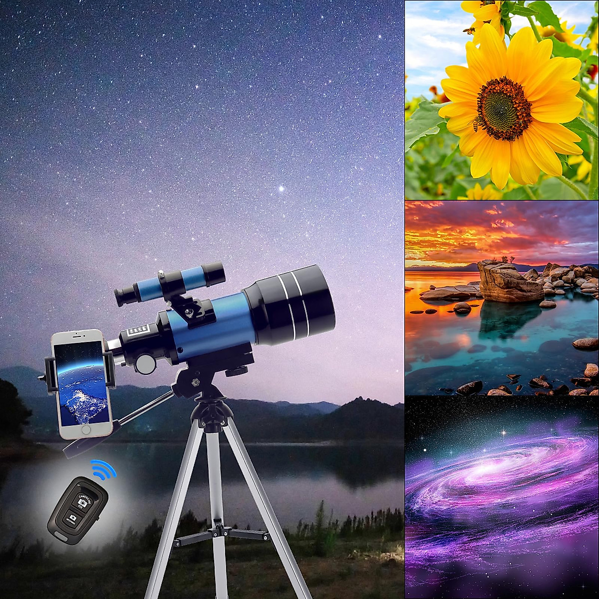 ToyerBee Telescope, 70mm telescopes for Adults Astronomy & Kids & Beginners, 300mm Portable Refractor Travel Telescope (15X-150X) with A Smartphone Adapter& A Wireless Remote, Astronomy Gifts for Kids
