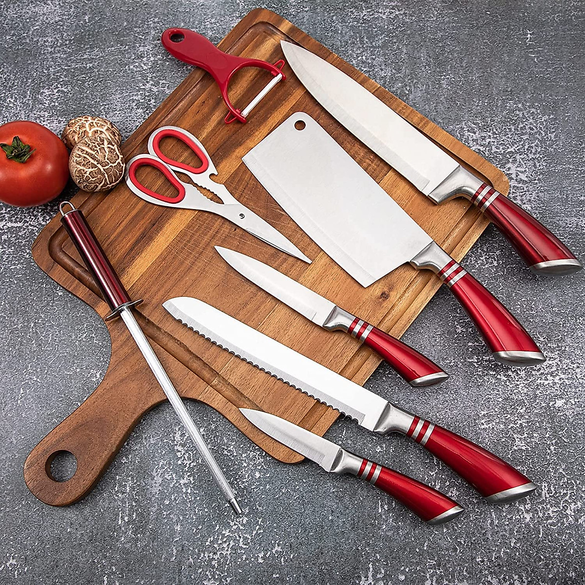 Kitchen Knife Set, 9-Piece Red Knife Set with Acrylic Block, Non Stick Sharp High Carbon Stainless Steel Chef Knife Set with Sharpener for Kitchen Cutting Kitchen Gifts for Women