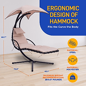 SereneLife Outdoor Hanging Curved Steel Chaise Lounge Swing Chair w/a Built-in Pillow and Removable Canopy UV Protection and Foam Covered Armrest