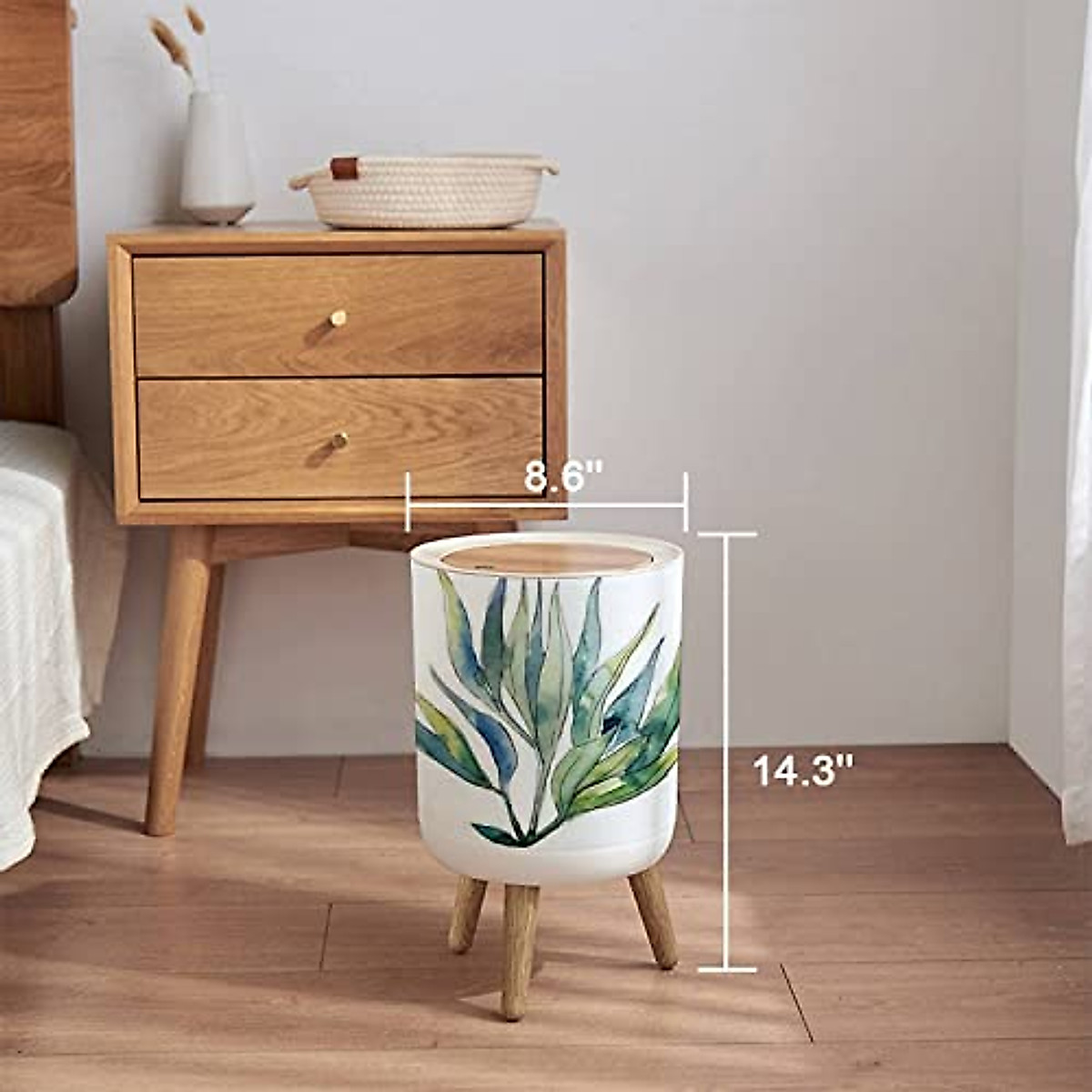 Trash Can with Lid Green Aquatic Underwater Nature Coral Reef Tropical Plant sea and Press Cover Small Garbage Bin Round with Wooden Legs Waste Basket for Bathroom Kitchen Bedroom 7L/1.8 Gallon