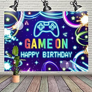 7x5ft Game On Happy Birthday Backdrop Game Night Background Colorful Video Game Bday for Boy Party Decoration Neon Theme Level Up Playstation Glow Gamer Photography Supplies Photo Booth Props