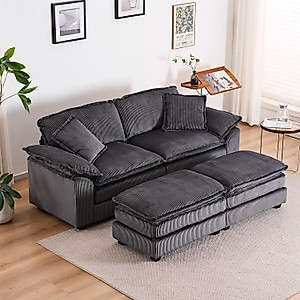 Corduroy Modular Sectional Couch, 84“ Width Oversize Loveseat Sofa, Comfy Plush Cloud Couch Lounge Chair with Ottomans and 2 Pillows for Small Spaces, Living Room, Bedroom, Office (Grey)
