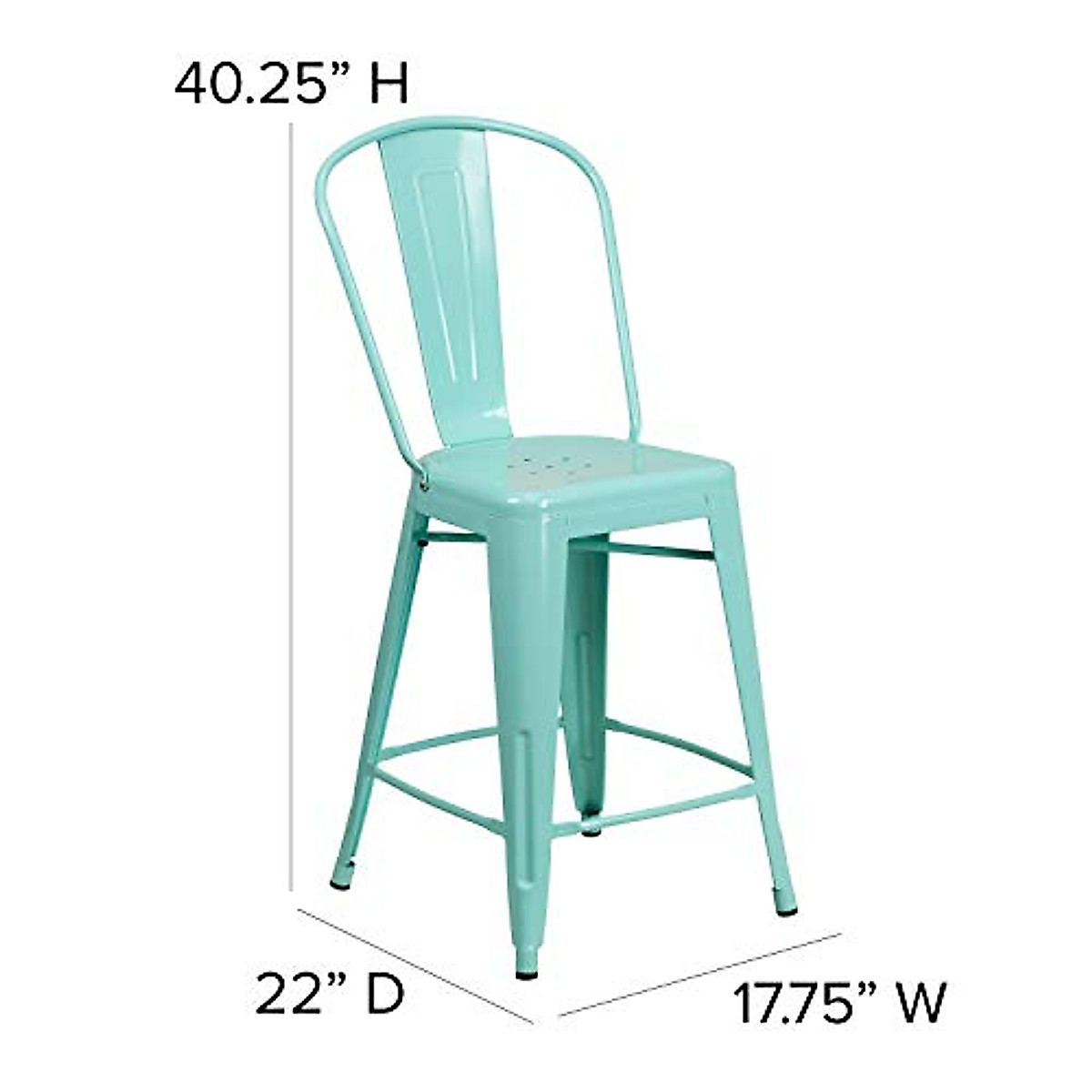 Merrick Lane Stella 24" Metal Indoor-Outdoor Counter Stool with Vertical Slat Back and Integrated Footrest in Mint Green