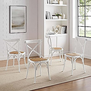 Modway Gear Rustic Modern Farmhouse Elm Wood Rattan Four Dining Chairs in White