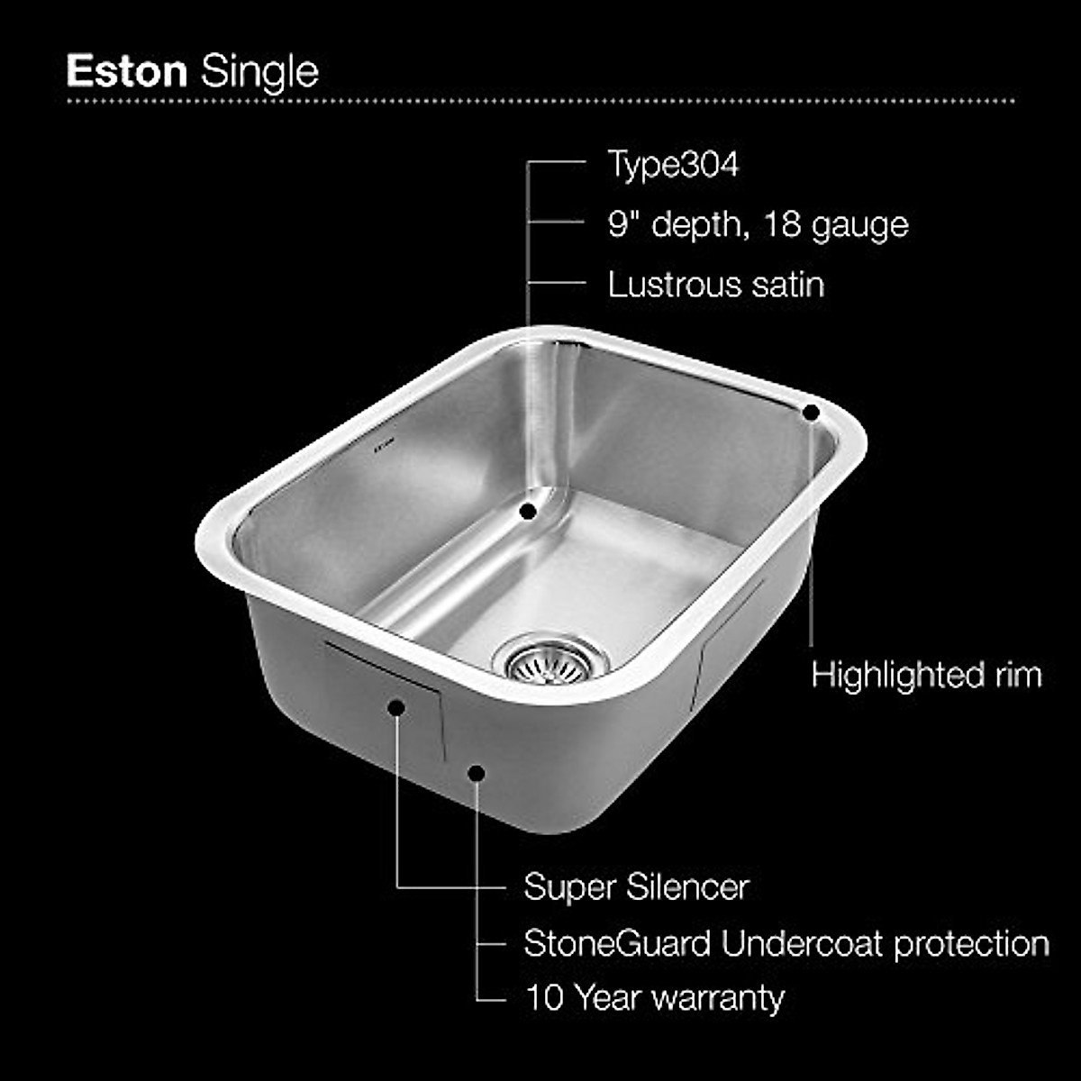 Houzer Stainless Steel STS-1300-1 Eston Series l Kitchen Sink - Undermount 23 inch Single Bowl Sink, Corrosion Resistant Stainless Steel, Easy to Clean Satin Finish, Ideal for Washing and Food Prep