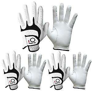 FINGER TEN Golf Gloves Men Right Left Handed Golfer 3/6 Pack Mens Golf Glove Left Right Hand Soft Cabretta Leather All Weather Grip Size S M ML L XL (White-3 Pack, Medium, Left)