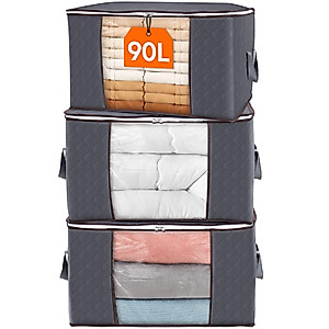 Lifewit Large Capacity Clothes Storage Bag Organizer with Reinforced Handle Thick Fabric for Comforters, Blankets, Bedding, Foldable with Sturdy Zipper, Clear Window, 3 Pack, 90L, Grey