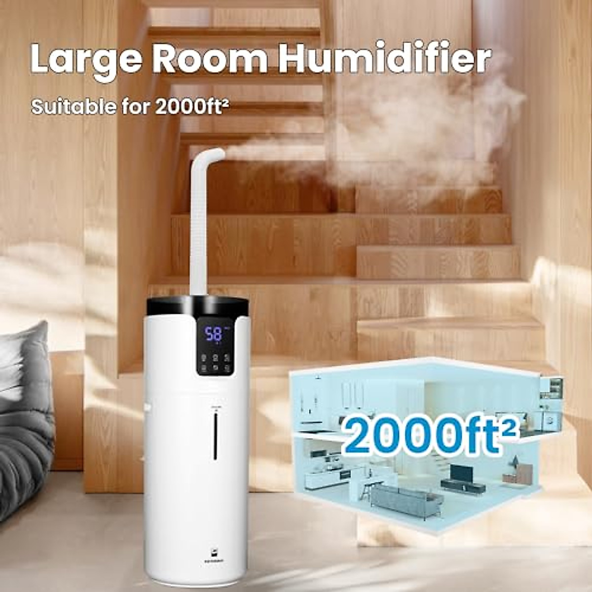 Humidifiers for Large Room Home, 4.2Gal/16L Quiet Large Humidifiers Whole House 2000 sq.ft, Cool Mist Top Fill Floor Humidifiers with Essential Oil Tray, Extension Tube, 4 Mist Modes, Remote