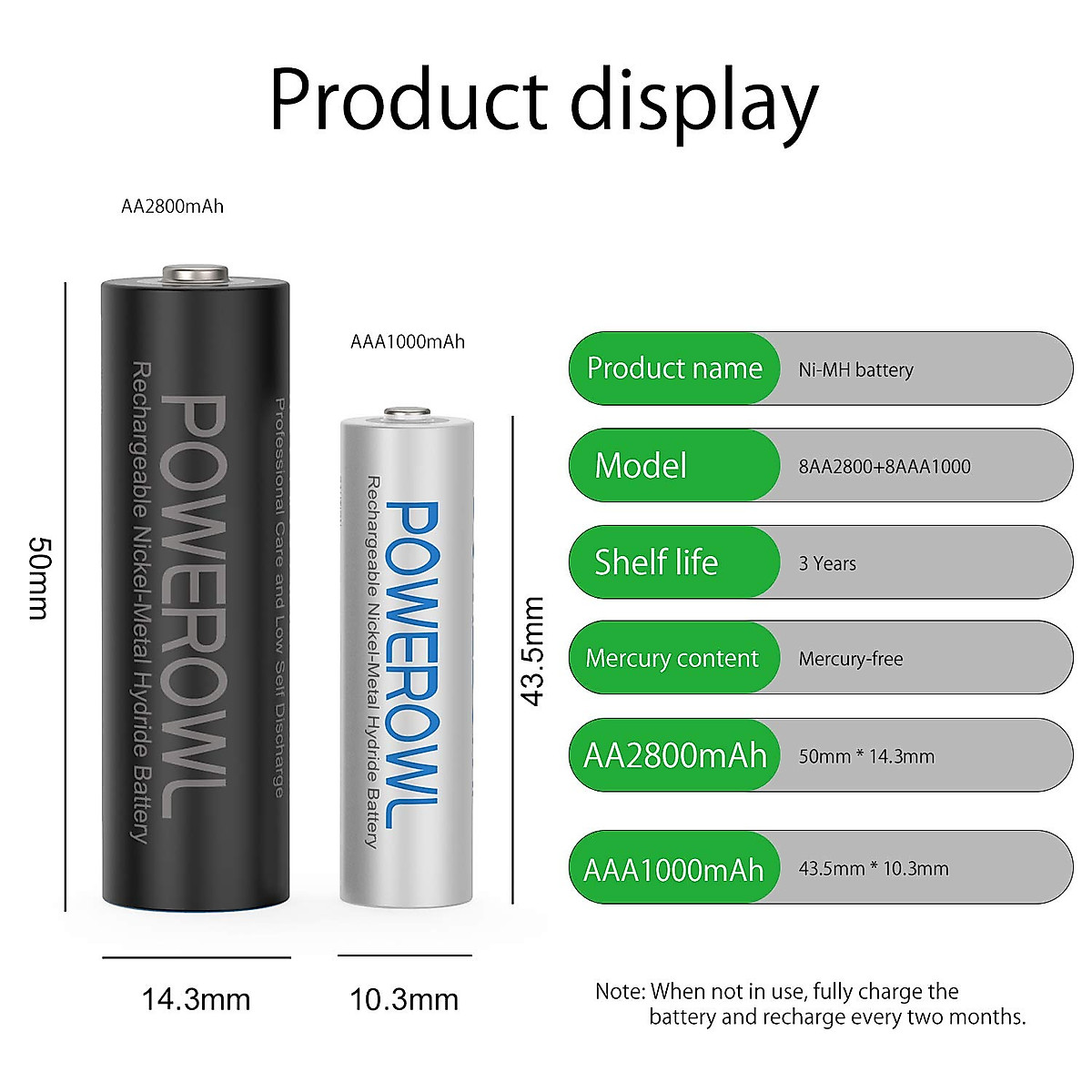 POWEROWL AA AAA Rechargeable Batteries, Pre-Charged High Capacity 2800mAh & 1000mAh 1.2V NiMH Battery Low Self Discharge, Pack of 16