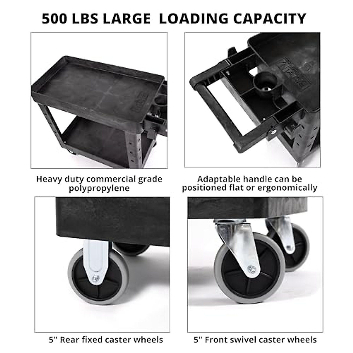 NEIKO 53051A Utility Cart, Heavy Duty 500 Pound Service cart with Wheels, 2 Deep Tray Shelf Rolling Tool Cart, Adjustable Handle Black Plastic Push Cart, Garage Mechanic Shop Cart, Non Marking Wheels