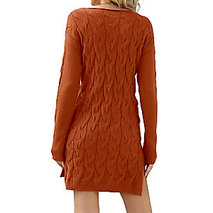 Dyexces Women's V Neck Cable Knit Sweater Dress Long Sleeve Sexy Slim Fit Pullover Sweater Side Split Mini Dress Orange