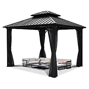 GARTOO 10'x10' Outdoor Double Roof Galvanized Hardtop Gazebo - Heavy-Duty Aluminum Frame Iron Top Gazebo with Breathable Netting & Curtains for Patio, Garden, Lawn, Deck, Backyard