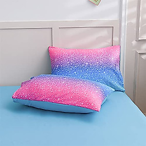 Holawakaka Kids Space Star Glitter Comforter Set Ombre Pink & Blue Print Gradient Bedding Set Twin Size (Pink Blue, Twin)