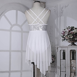 YiZYiF Women's Adult Lyrical Dance Leotard Costume Sequins Overlay Trianglar Cut Skirt Dancewear White X-Large