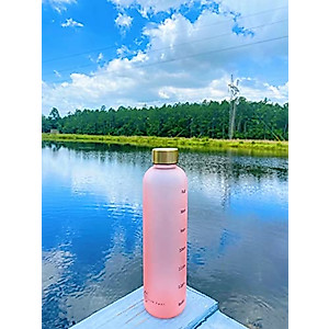 Water Bottle with Time Marker, 32oz 1 Liter, BPA Free Frosted Plastic, Reusable Water Bottle, Leakproof (Blush-Pink)