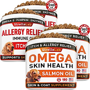 Allergy Relief 240 ct + Omega 3 for Dogs - 360 ct Dogs Bundle - Allergy & Itch Relief Skin & Coat Supplement - Omega 3 & Pumpkin - Dry Itchy Skin, Shedding, Hot Spots Treatment - Made in USA