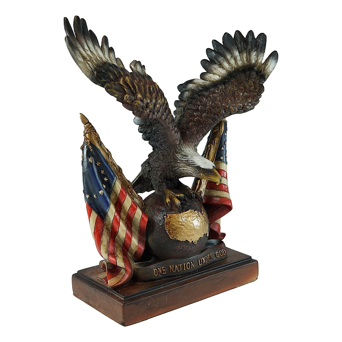 Ebros Gift Patriotic Wings of Glory Bald Eagle Resting On Globe with Map of America and 2 Star Spangled Banner Flags Figurine with Trophy Base One Nation Under God American Symbolic Statue