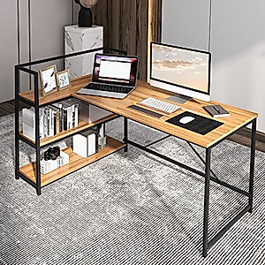 Tangkula Reversible L-Shaped Computer Desk, Space Saving Corner Desk with 3-Tier Storage Shelves & Metal Frame, Modern Executive Home Office Desk, PC Laptop Desk Workstation for Small Space (Walnut)