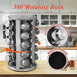 Revolving Spice Rack with 20 Jars, Rotating Spice Rack Organizer, Seasoning Organizer with Labels, Stainless Steel Spice Carousel for Kitchen Countertop, Cabinet