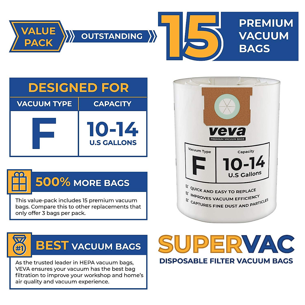 VEVA 15 Pack Premium Vacuum Filter Bags Type F 9066200 Work with Shop Vac 10-14 Gallon Vacuum, Part # SV Shopvac Shop-Vac 90662