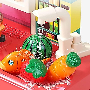 VisionKids Play Kitchen, Kids Kitchen Playset with Real Sounds & Lights, Kitchen Toys for Kids Ages 4-8,54Pcs Toy Sets Pretend Play Food Toy for Girls Boys Age 3 4 5 6 7 8