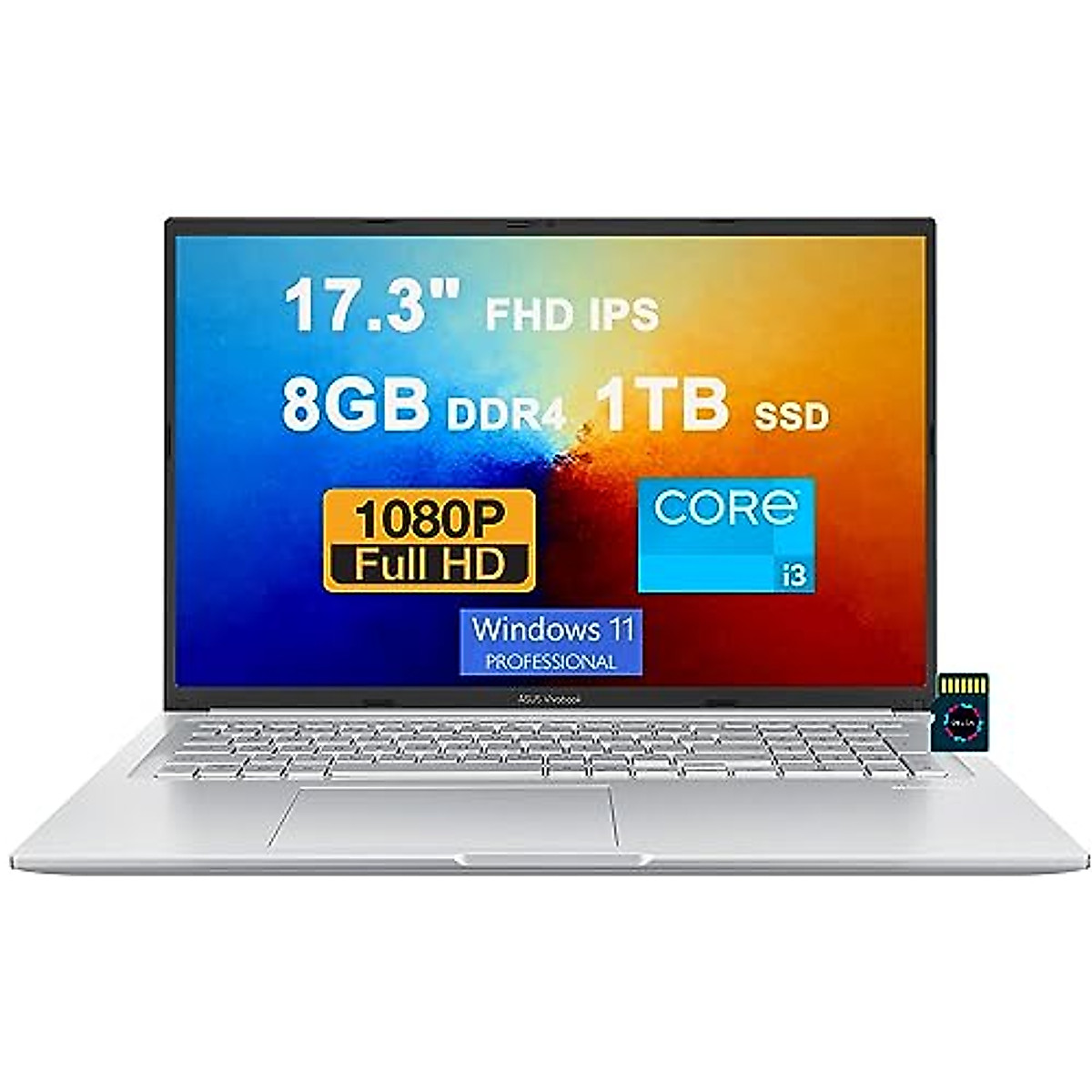 ASUS VivoBook 17 Business Laptop | 17.3" Full HD IPS Anti-Glare | 12th Generation Intel 10-Core i3-1220P (>i5-1235U) | 8GB DDR4 1TB SSD | USB-C HDMI SonicMaster Win11Pro Silver + 32GB MicroSD Card