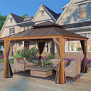 Evedy Gazebo 12x12, Hardtop Gazebo, Wooden Coated Aluminum Frame Canopy with Galvanized Steel Double Roof, Netting and Curtains Included, for Patio, Deck and Lawn