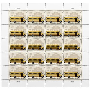 School Bus Additional Ounce USPS Postage Stamps 1 Sheet of 20 Students Children Teachers Celebration Party Announcement (20 Stamps)