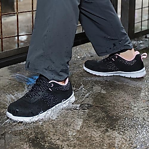 SPIEZ Lightweight Composite Toe Safety Shoes for Women, Non-Slip Puncture Proof Work Shoes for Ladies, Breathable Safety Toe Sneakers for Work and Daily Wear (Women Size 7) Black-Pink