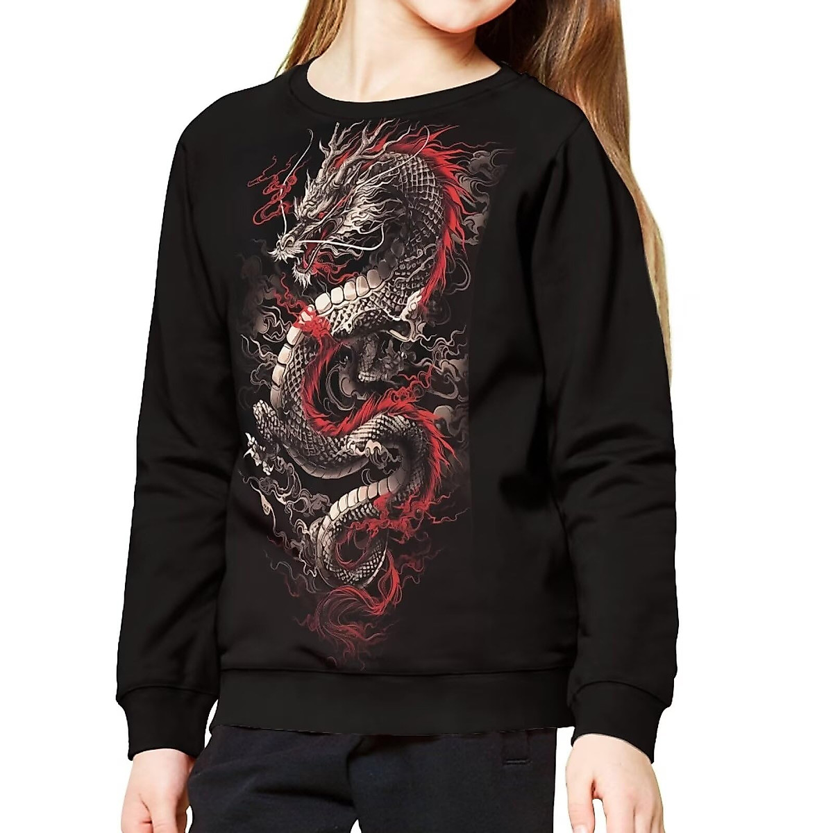 HUIACONG Cool Dragon Print Boys Shirts Fashion Long Sleeve Sweatshirts for Boy O-Neck T-Shirts Chinese Loong Graphic Kids Top for 8-10 Years Polo Shirt Novelty Children Teen Athletic Clothes