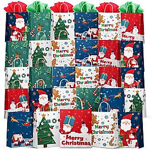 Kidtion Christmas Gift Bags 30 PCS, Durable Christmas Bags with Tissue Paper, 6 Styles Gift Bags Bulk with Handles, Reusable Small Gift Bags Xmas Paper Bags, Party Favors Holiday Gift Bags