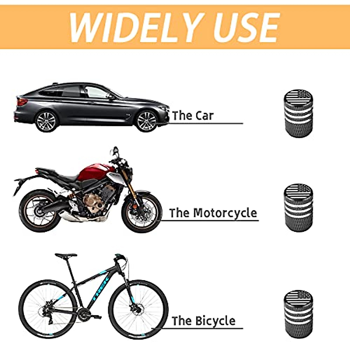 American Flag Tire Valve Stem Caps, 8 Pcs Anti-Theft Premium Metal Rubber Seal Tire Valve Caps, Universal Fit for Cars, SUVs, Bike and Bicycle, Trucks, Motorcycles (Black)