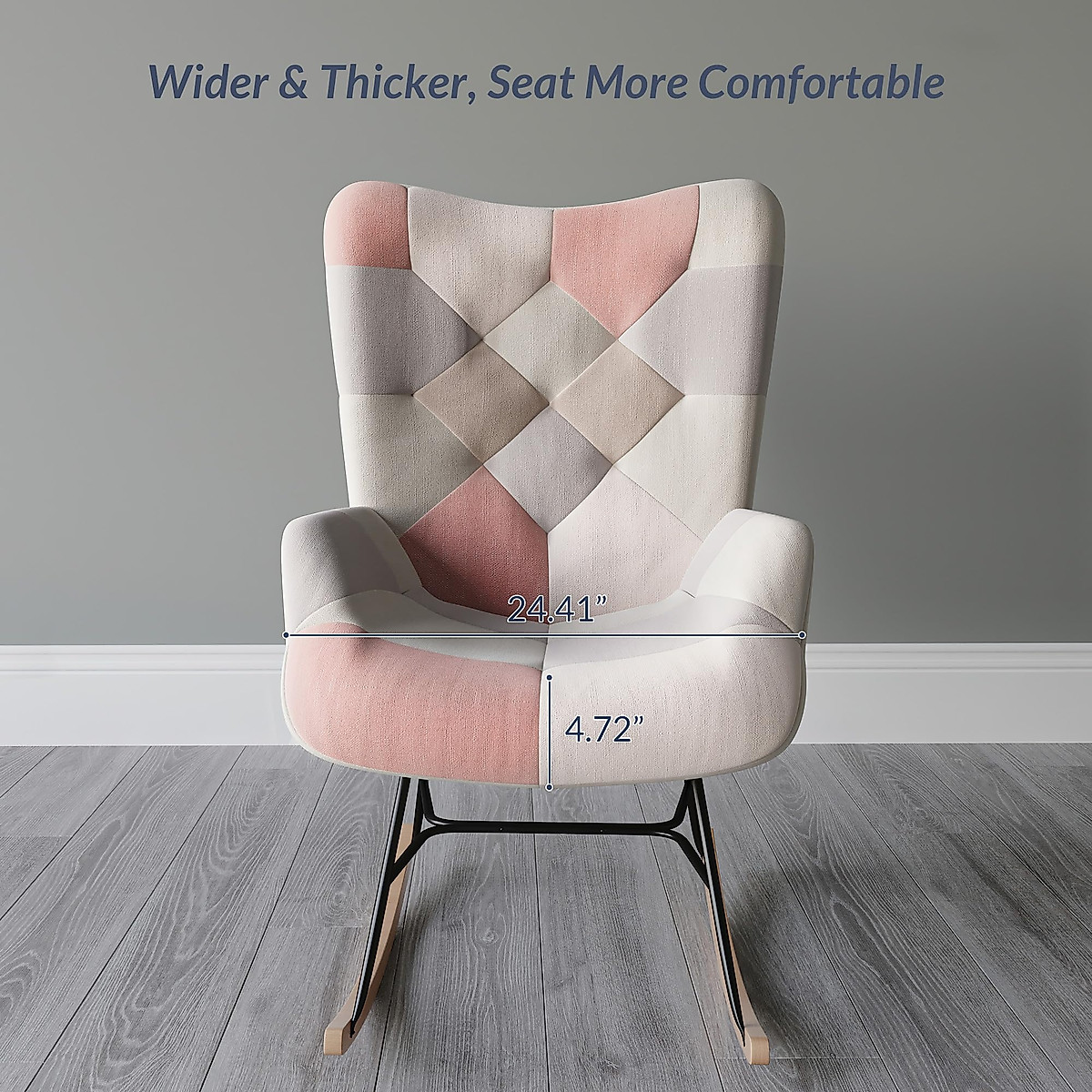 BELLEZE Colorful Patchwork Rocking Chair, Widen Nursery Rocking Chairs Comfy Linen Upholstered Glider Rocker with Solid Wood Legs for Living Room Bedroom Nursery - Paramount (Patchwork B)