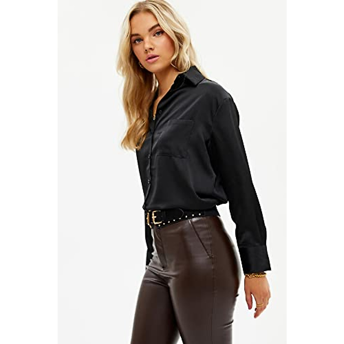 Pausus Women's Silk Button Down Shirts for Women Long Sleeve Business Office Black Satin Blouses Tops with Pocket（Black,S）