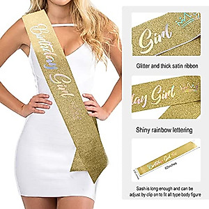 SuPoo Gold Birthday Tiara & Sash Set for Women & Girls - Rhinestone & Metal Crown with Comb & Satin Sash - Perfect for Birthdays, Weddings & More