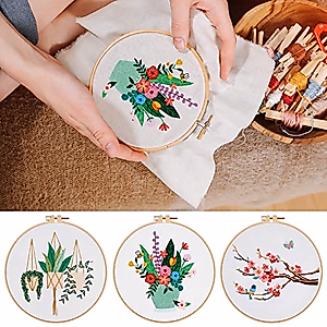 Nuberlic 3 Sets Stamped Embroidery Starter Kit with Instruction for Adults Beginners, Cross Stitch Kits Include Embroidery Needlepoint Cloth Hoops Needles and Threads